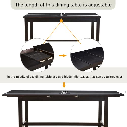 TREXM Six-Person Rubber Wood & MDF Boards Dining Table Set Four Chairs A Bench Adjustable Table Length with Hidden Flip Leaves (Espresso)