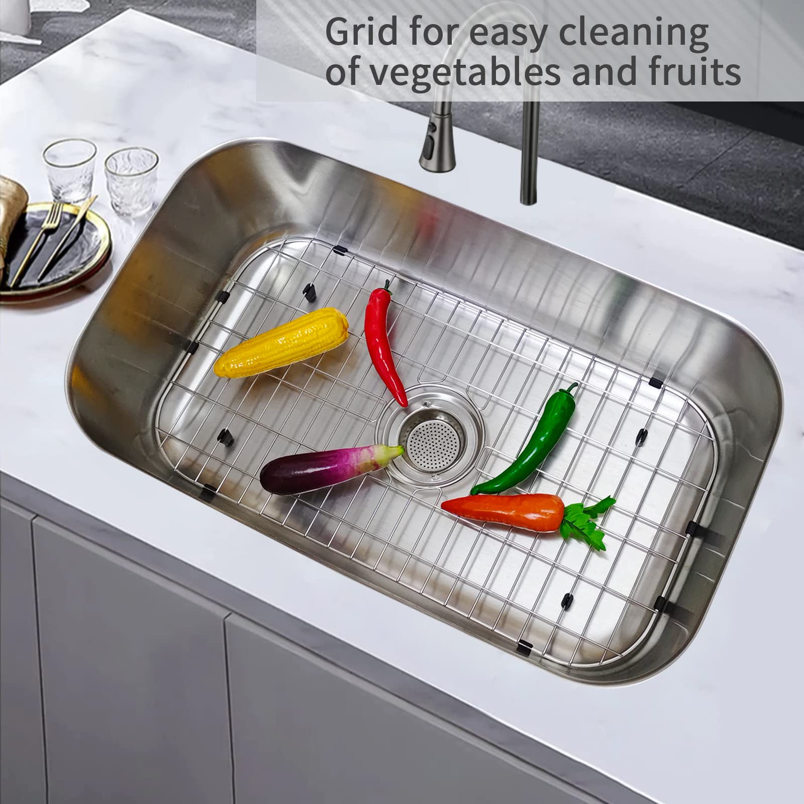 YORZSDI Sink Protectors for Kitchen Sink, 26-1/8" x 14-1/4" Stainless Steel Sink Grid with Center Drain, 304 Stainless Steel Sink Protector with Sink Strainer and Protective Rubber Feet