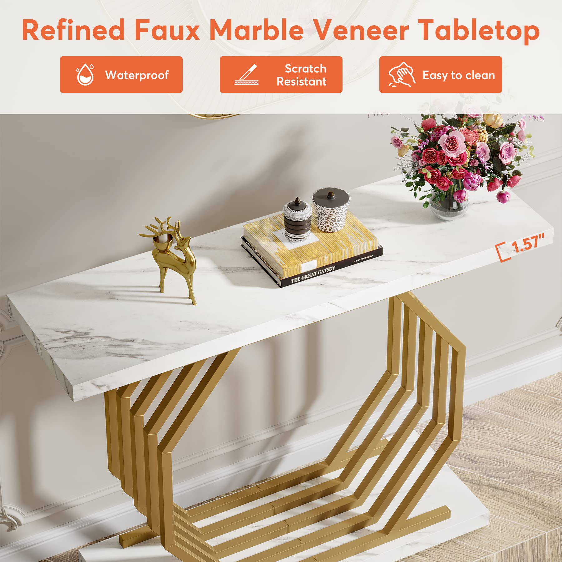 Tribesigns Gold Console Table, Faux Marble Entryway Table Narrow Sofa Table with Geometric Metal Base, 40 Inch Modern Accent Table Entrance Table for Living Room, Hallway, Foyer, Black