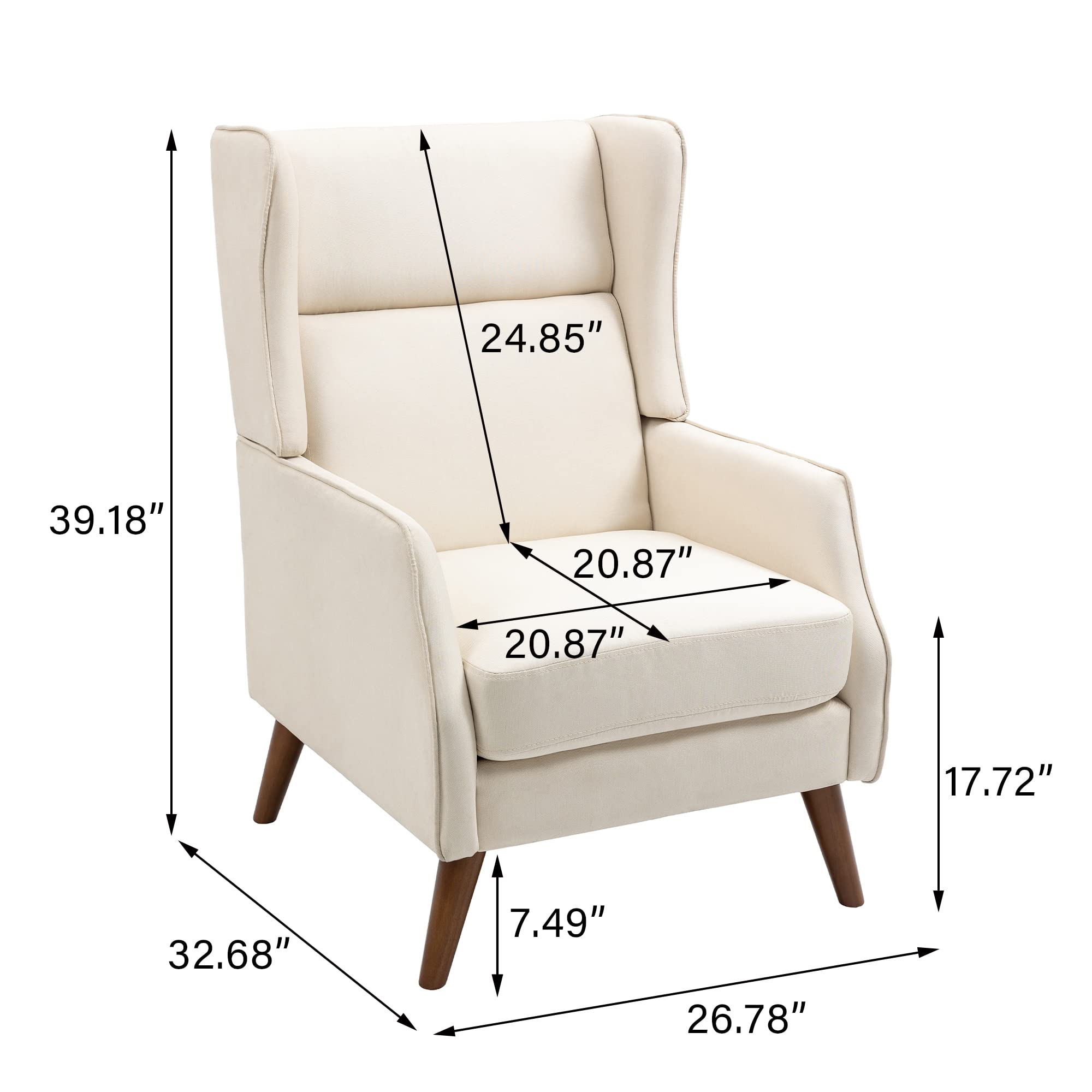 UIXE 39" High Wingback Accent Chairs Set of 2, Comfy Upholstered Armchair Modern Living Room Chair Mid Century Sofa Lounge Reading Seat Bedroom Side Seating for Home Office (White)