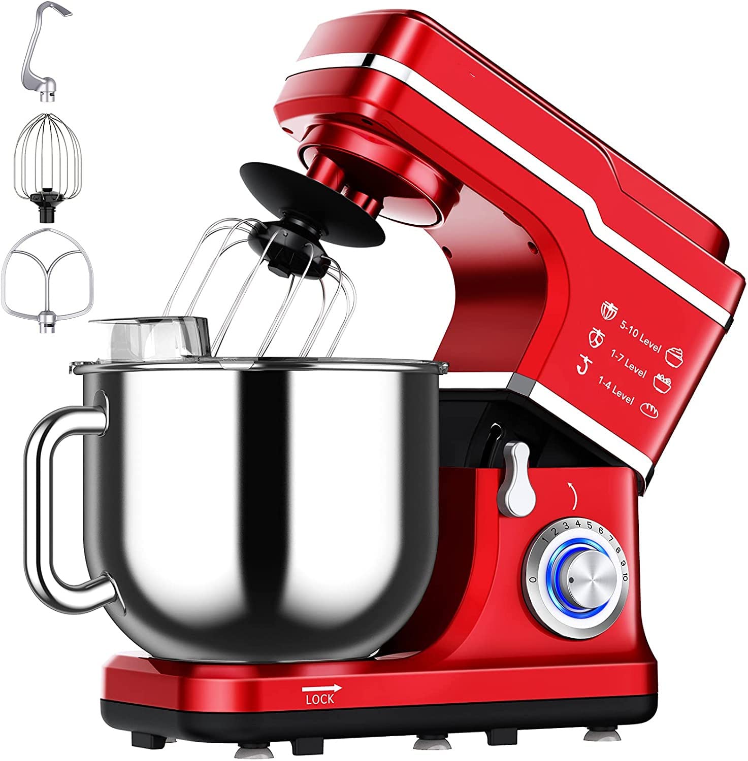 Tilt-head Stand Mixer,7.5QT 660w 10*Speed Electric Kitchen Mixer with Whisk,Dough Hook,Flat Beater,Splash-proof Cover dishwasher Safe for Baking, Cake, Cookie, Kneading U.S. regulations RED