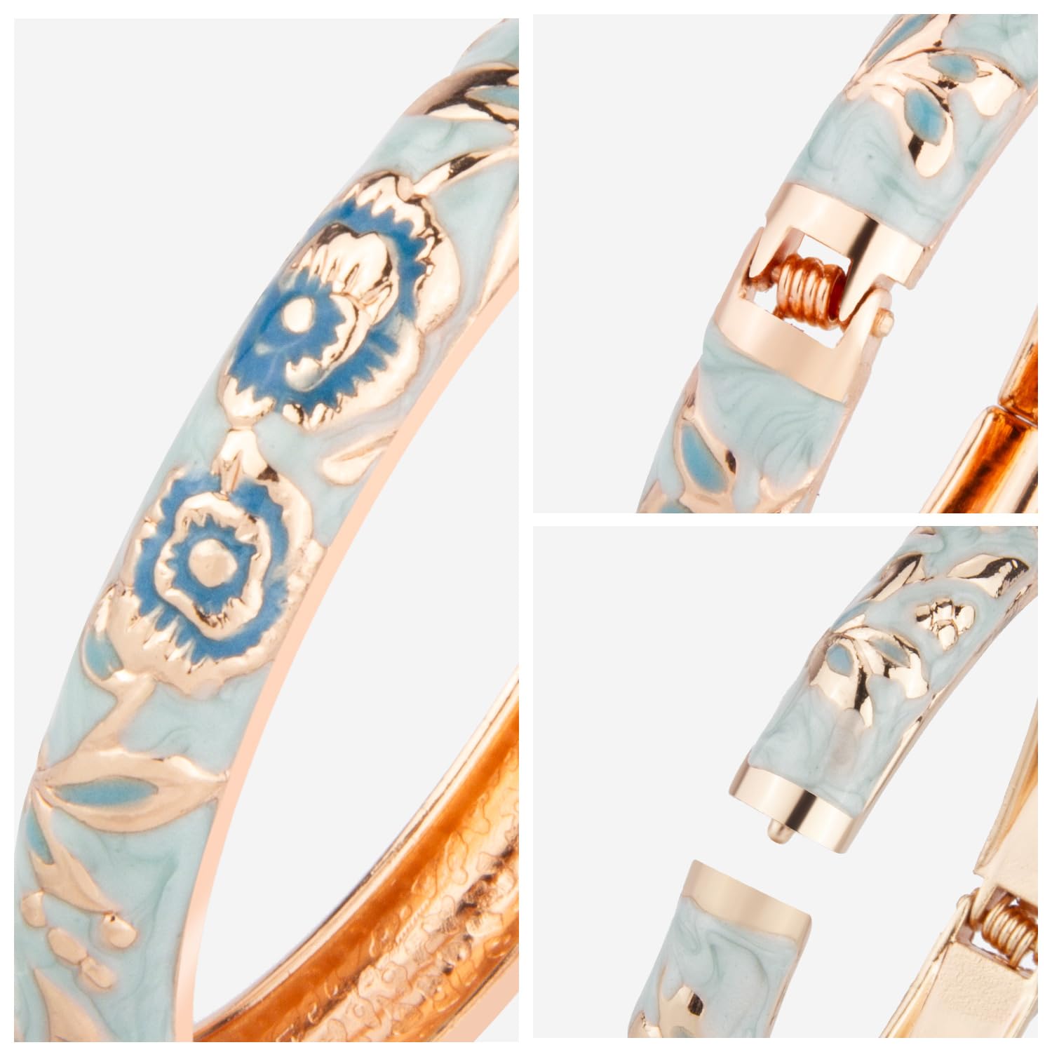 UJOY Flowers Bracelet Multi-Colors Cloisonne Wedding Jewelry Gift Women Enameled Bangles Opening Hinged 55A106 light blue