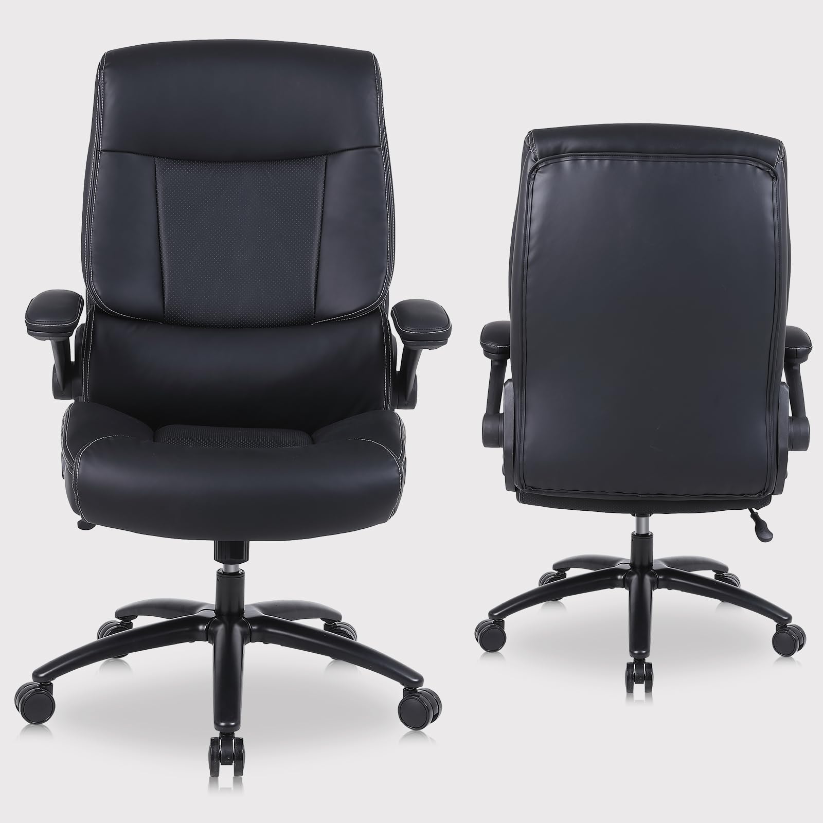Youhauchair Big and Tall Office Chair, 500LBS Executive Desk Chair with Lumbar Support, PU Leather Ergonomic Computer Chair with Flip-up Armrests, High Back Work Chair, Black