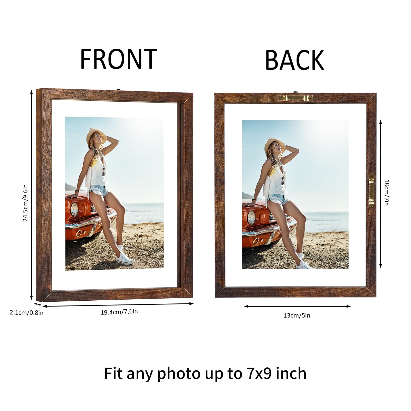 Trwcrt 5x7 Picture Frame Set of 4, Double Glass Floating Picture Frames Display up to 7 x 9 photos for Tabletop or Wall Hanging, Brown