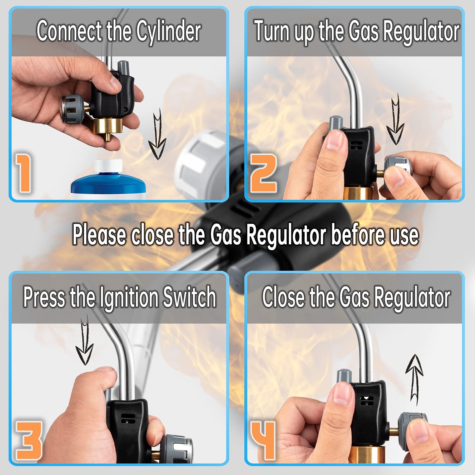 YOUDO Heavy-Duty Trigger-Start Propane Torch Powered Blow Torch Head with Easy Push Ignition, Adjustable Flame & Short-Neck Burner Tube (Keep tilt within 60 degrees and use upwards)