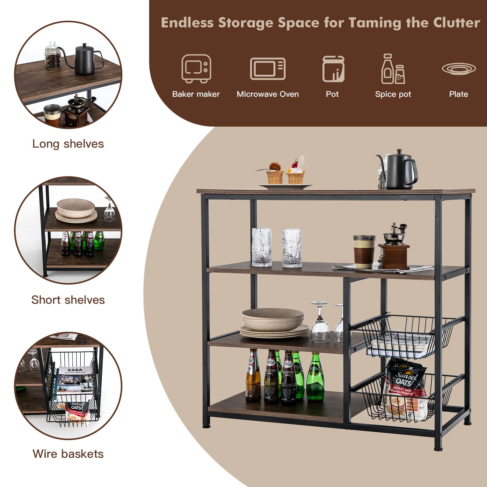 Tangkula 4-Tier Kitchen Baker's Rack, Industrial Microwave Oven Stand with Sliding Wire Basket, Water-Proof Surface, Utility Storage Shelf Organizer, Coffee Bar Cart for Living Room, Pantry