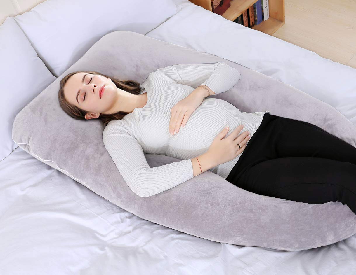 VECELO U-Shaped Pregnancy Full Maternity Pillow with Zipper Removable Cover, Body Pain Relief, Gray