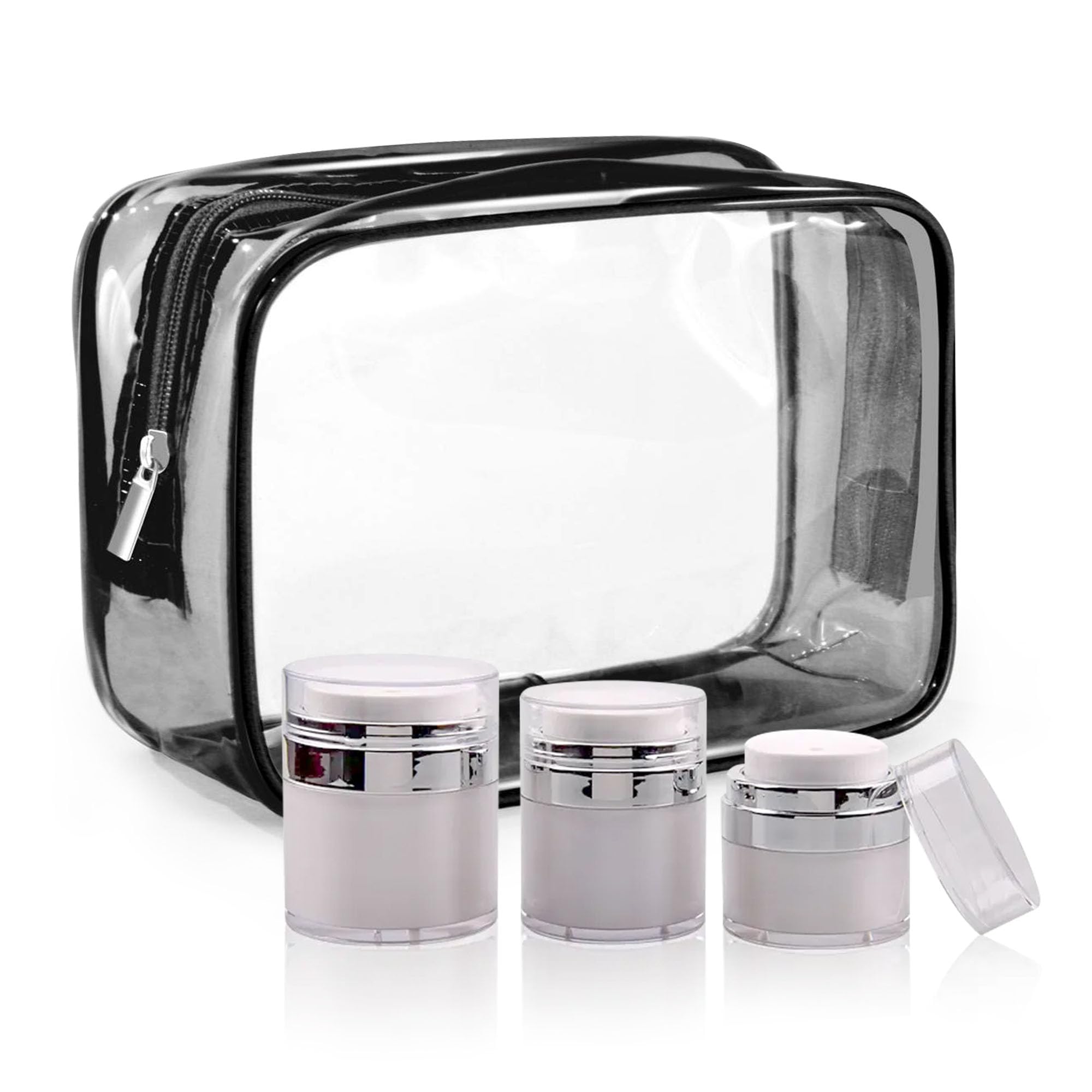 VEEVA ACCESSORIES 3 Pack Airless Pump Jar Set - Airless Cosmetic Pump Container with Makeup Bag - Airless Pump Container - Drunk Elephant Container - Cream Containers with Pump 15ml, 30ml and 50mlC