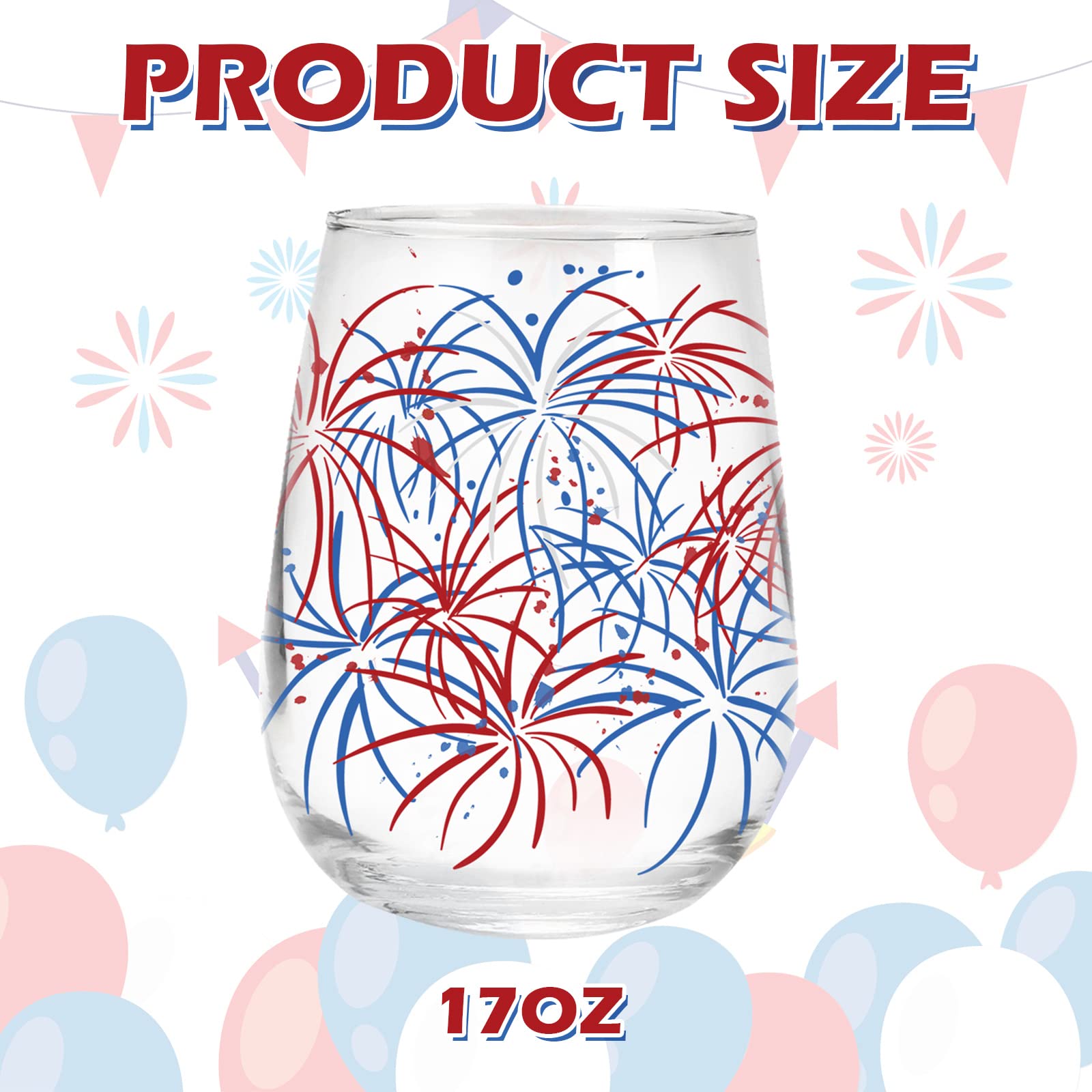 Whaline 2Pcs Patriotic Stemless Wine Glasses 17oz Red Blue Firework Drinking Glasses Firework Tumbler Cups Independence Day Party Cups for Celebration 4th of July Party Supplies Kitchen Decor Gifts