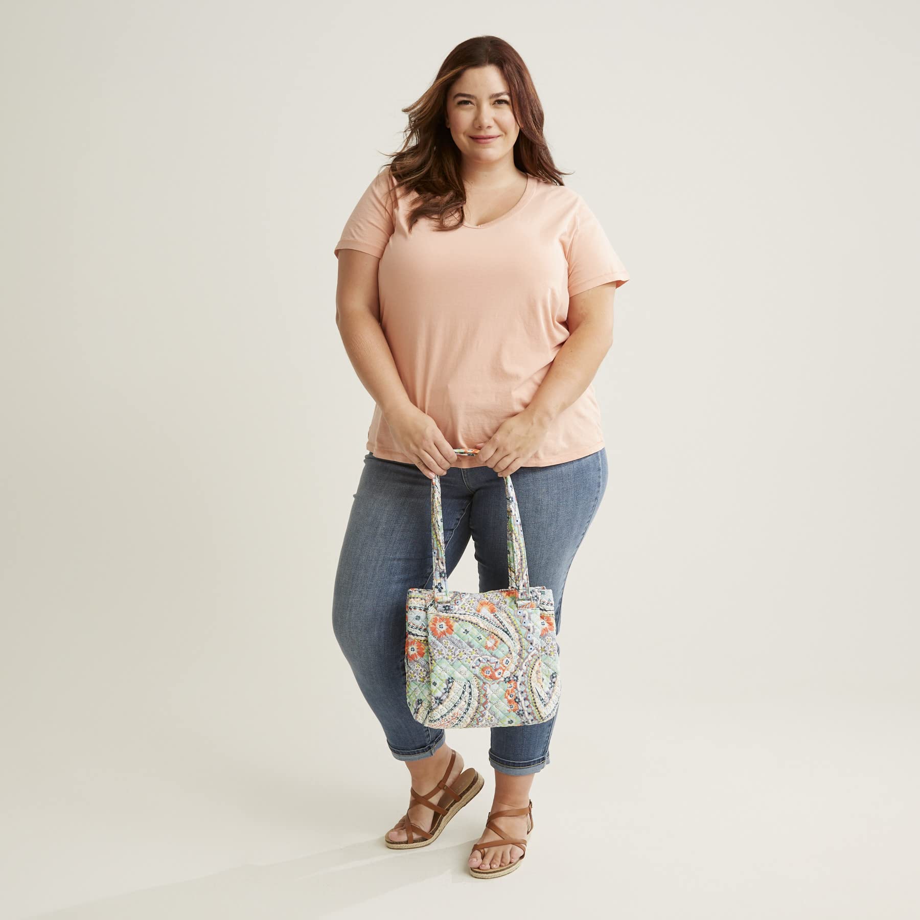 Vera Bradley Women's Cotton Multi-Compartment Shoulder Satchel Purse, Peach Blossom Picnic - Recycled Cotton, One Size
