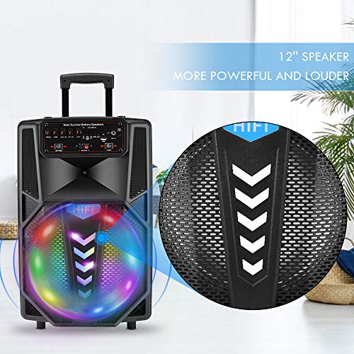 Wireless Karaoke Speaker System with 12'' Subwoofer, Kacsoo Outdoor Portable Bluetooth PA Speaker System with 2 Karaoke Microphones, DJ Lights, FM Radio, MP3/BT/TF Card, AUX Interface, Remote, Black