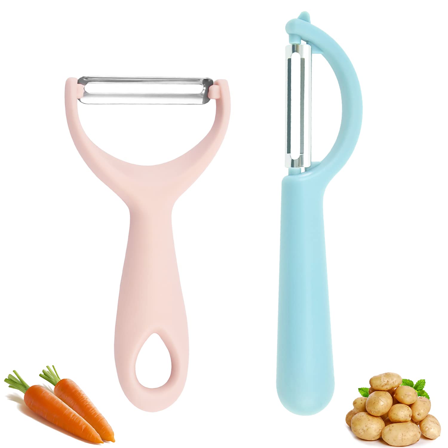 Vegetable Potato Peelers for Kitchen, 2 Pcs Fruit Carrot Veggie Peeler Set, Y & I Shaped Stainless Steel Blade Peelers, Easy to Use (Nordic Blue & Pink)