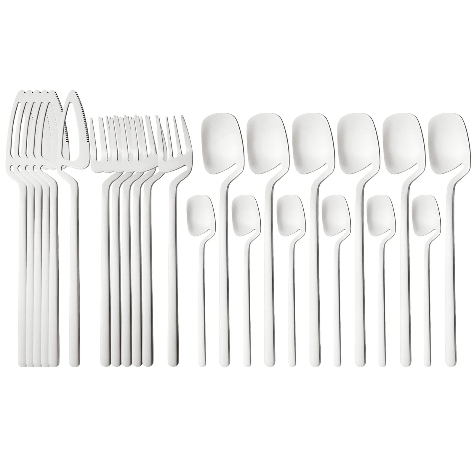 VEGOWI 24 Piece Matte Silver Hangable Cutlery Set, 304 Stainless Steel Kitchen Utensils Include Knife Fork Spoon, Modern & Creative Design Silverware Service For 6, Dishwasher Safe