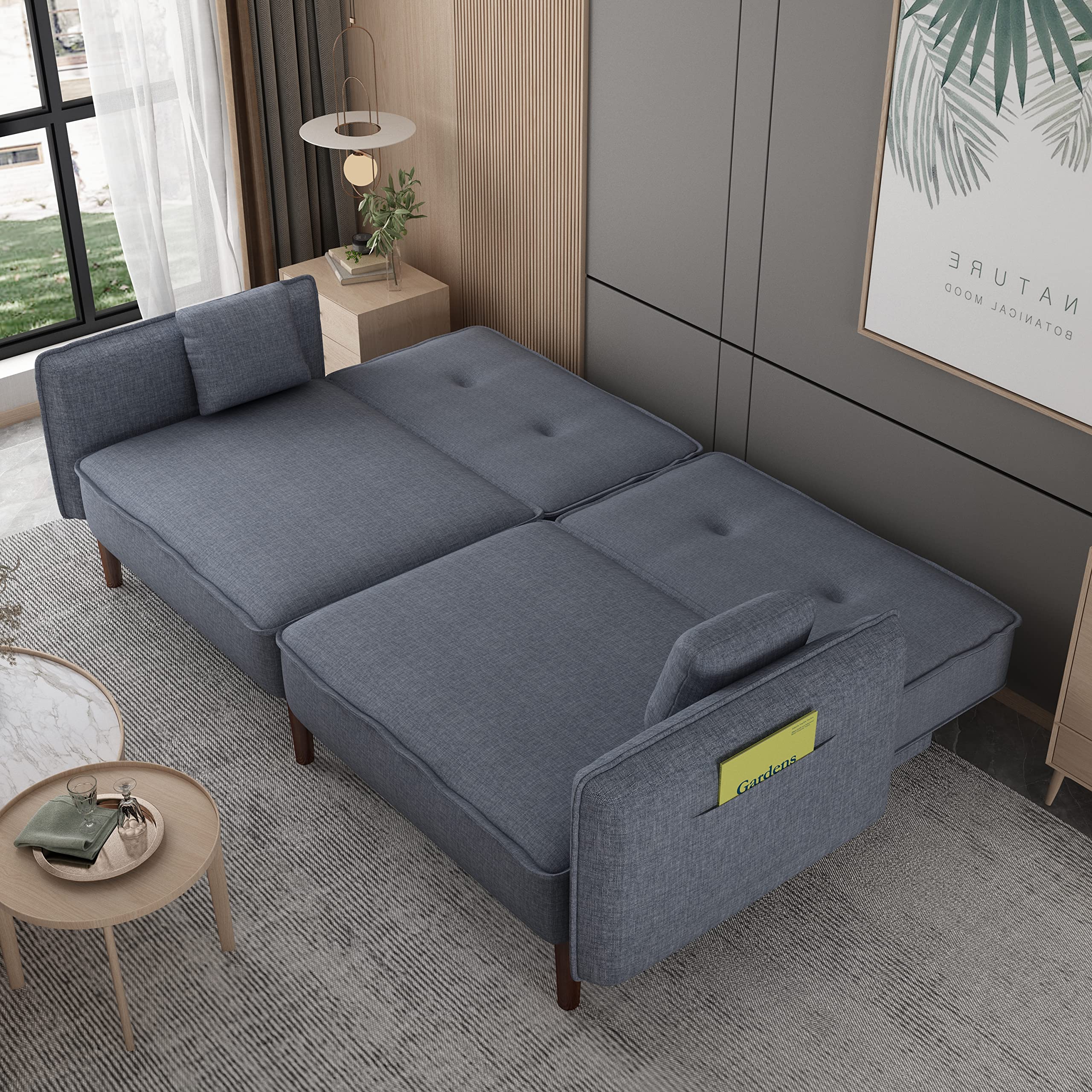 Tiophome Convertible Futon Sofa Bed Sleeper Couch Folding Lounge Living Room Linen Upholstered 75 INCH 3 Setaer Loveseat with Armrest & 2 Pillows & 3 Backrest Settings-120°/150°/180°, Gray, Grey