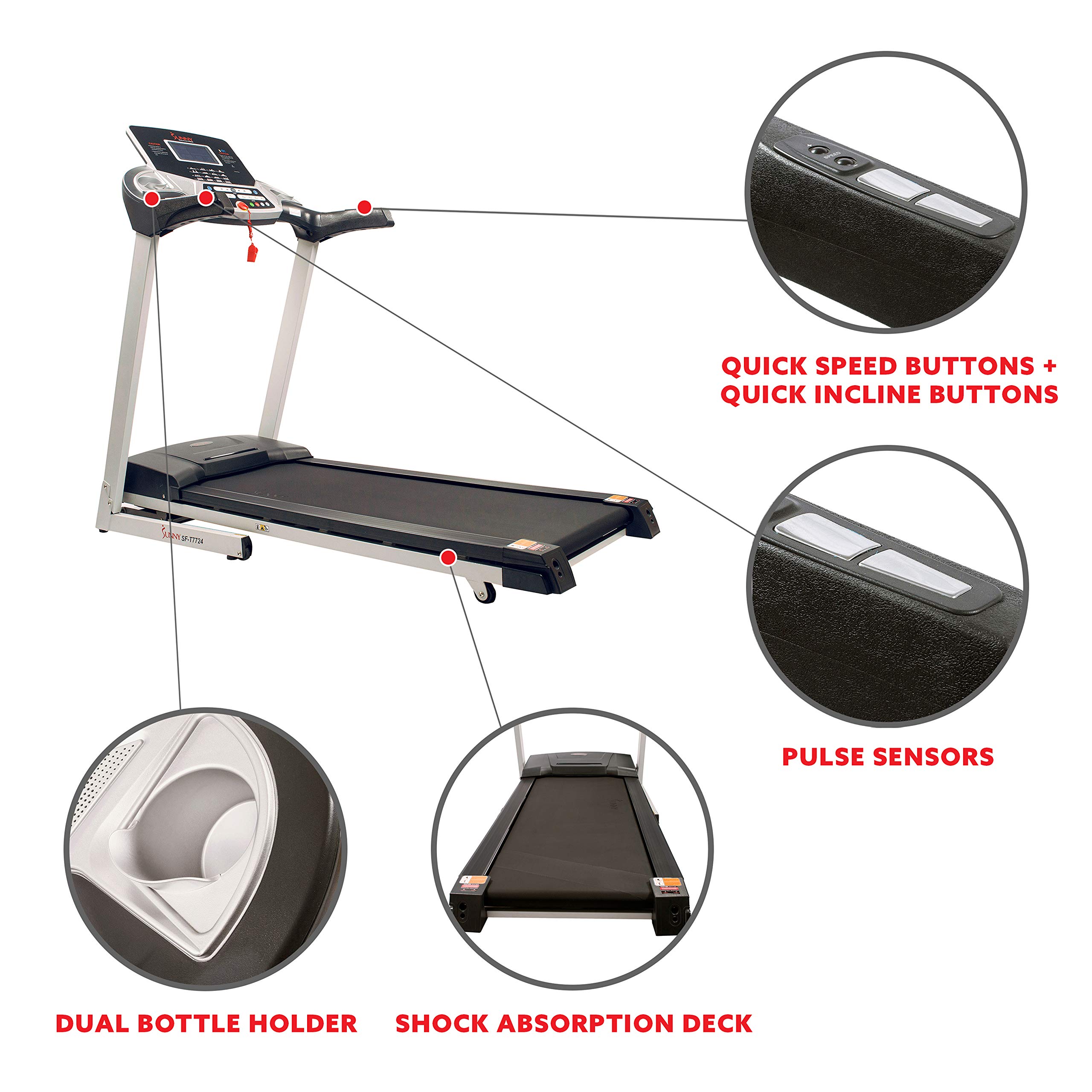 Sunny Health & Fitness Energy Flex Electric Treadmill with Bluetooth Connectivity, Automatic Incline, Speakers and 16 Preloaded Programs - SF-T7724, Gray