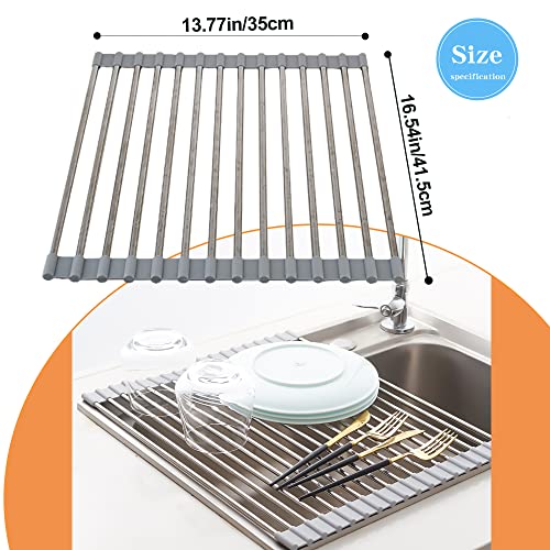 WORTHUG Bamboo Dish Drying Rack, 3-Tier Collapsible Wooden Dish Drying Rack - Utensil Holder - Roll Up Dish Drying Rack, Foldable Drying Rack for Kitchen Counter, Flatware Holder Set