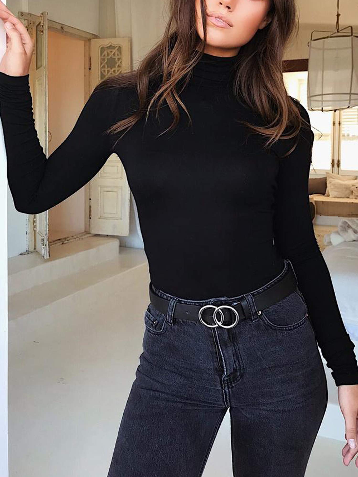 Women's Long Sleeve Lightweight Soft Pullover Turtleneck Tops 100% Modal (S, Black)