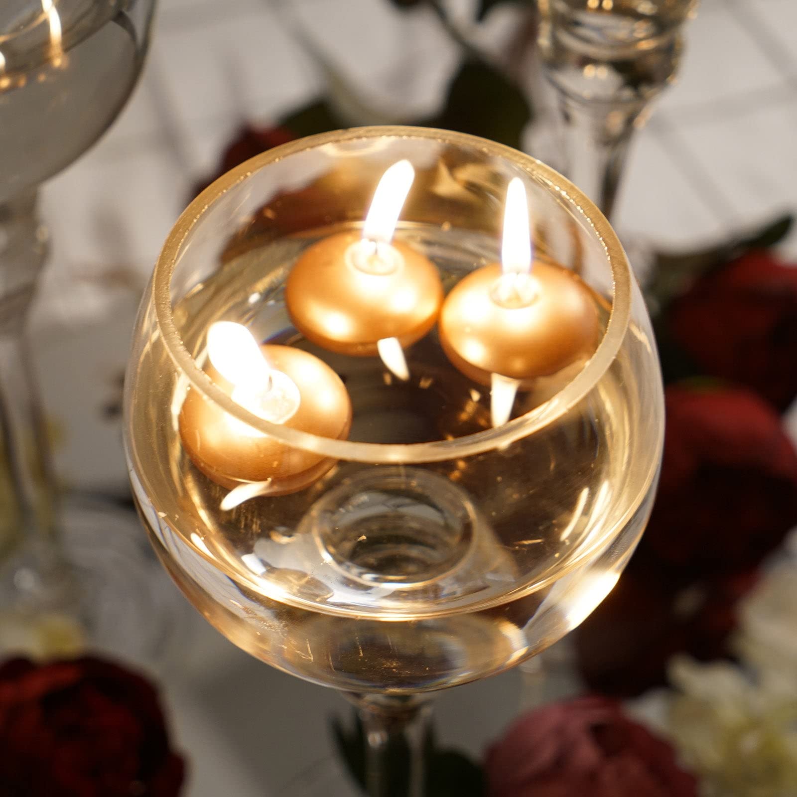 TABLECLOTHSFACTORY 12 Pack 1.5" Rose Gold Mini Disc Unscented Floating Candles - Long Burn Time