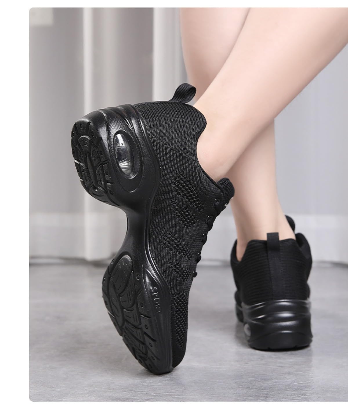 Women's Breathable Air Cushion Jazz Dance Shoes Lace Up Mesh Sneakers - Split Sole Athletic Walking Dance Thick Sole (Black,8.5)