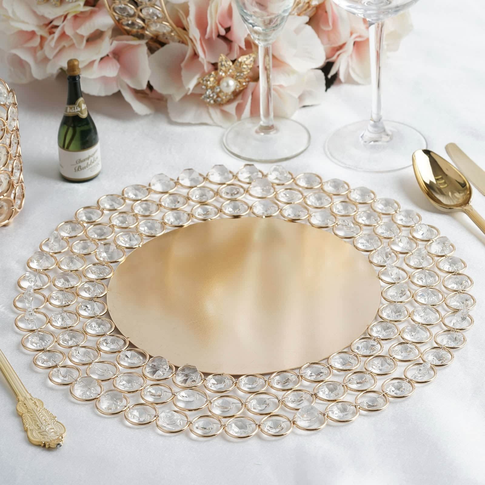 Tableclothsfactory 14" Rose Gold Wired Metal Charger Plate With 118 Acrylic Crystal Beads For Weddings Events