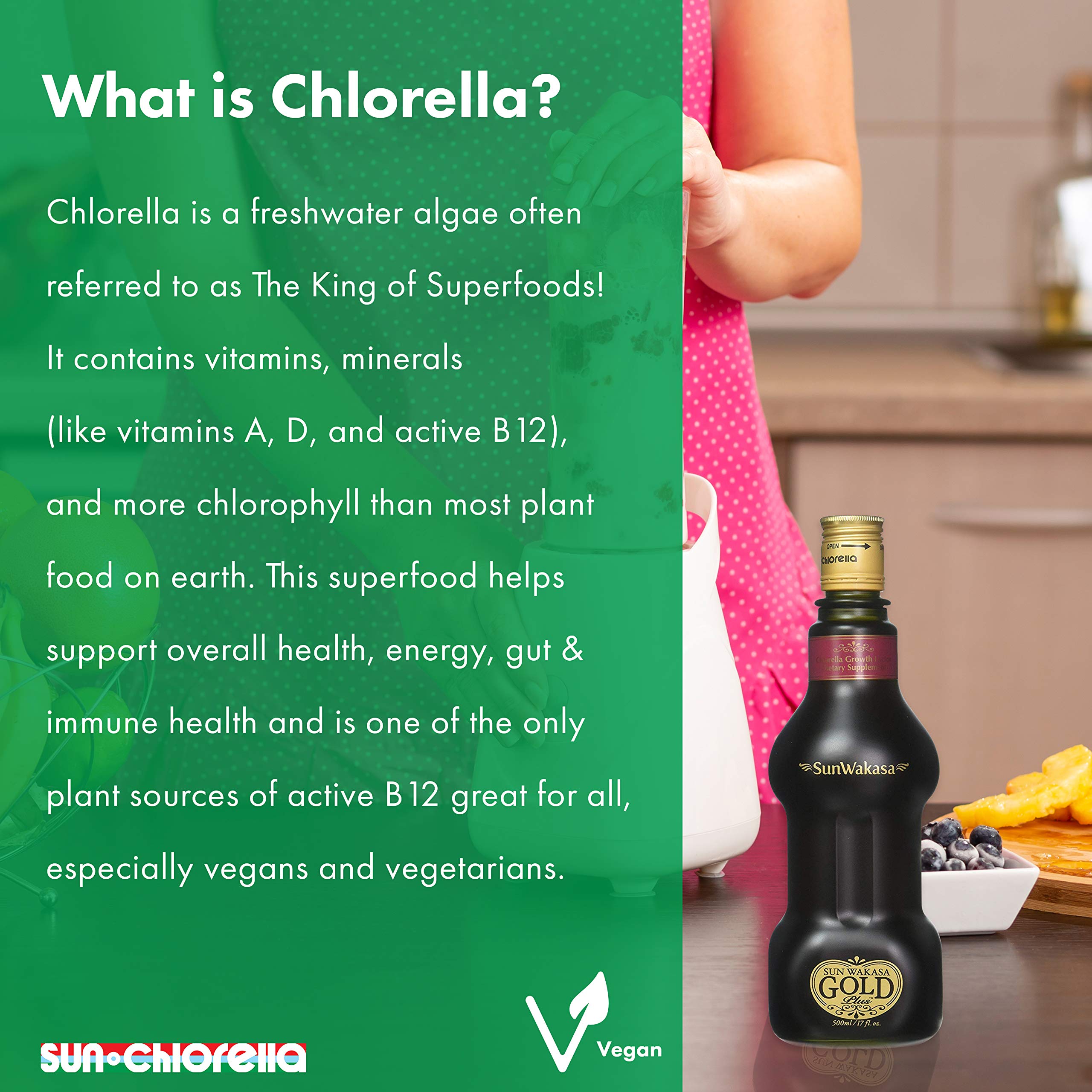 Sun Chlorella Sun Wakasa Gold Plus Superfood Supplements Drink Powerful Whole Body Immune Defense, Energy Boost & Gut Health - Green Microalgae Extract - Gluten Free, Vegan - 17oz