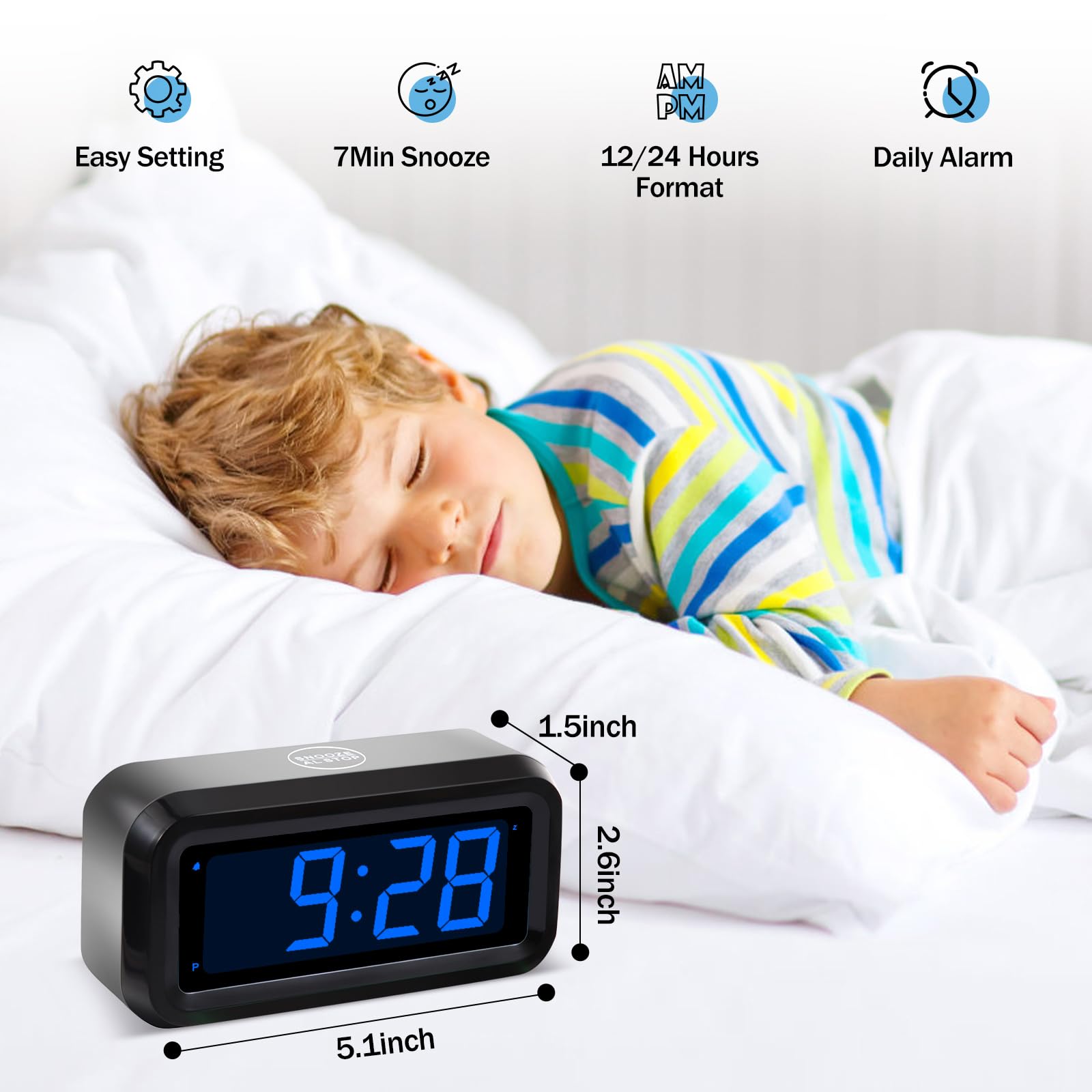 Timegyro Digital Alarm Clock Battery Operated with LED Display for Bedrooms, Long Battery Life, 3 Brightness Adjustable, 12/24 Hour, Snooze, Black Case with Blue Digits