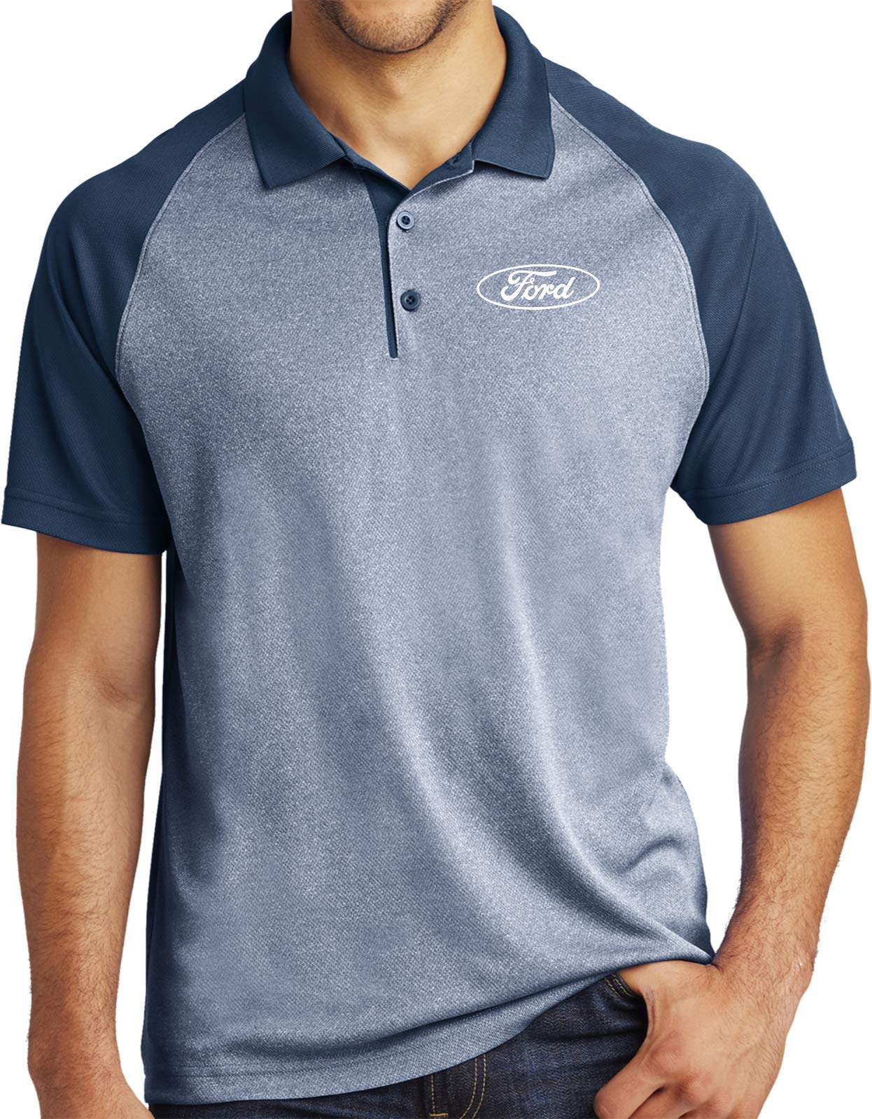 White Ford Oval Crest Chest Print Raglan Polo Shirt, Navy Heather Large