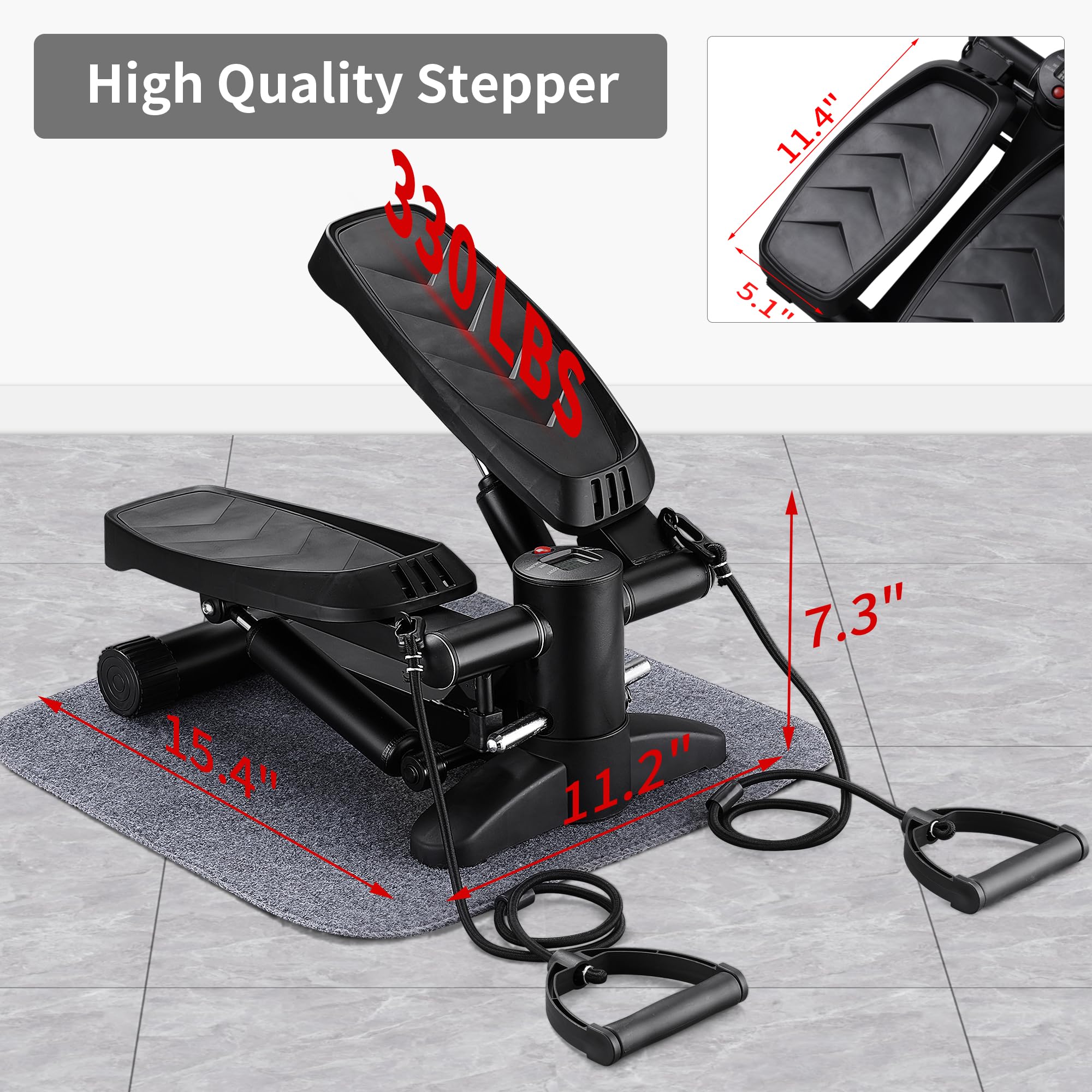 ZENOVA Steppers for Exercise, Mini Stepper, Stair Stepper with Resistance Band, Digital Display, Hydraulic Fitness Stepper Exercise Workout Equipment for Home Workout 330 lbs Weight Capacity