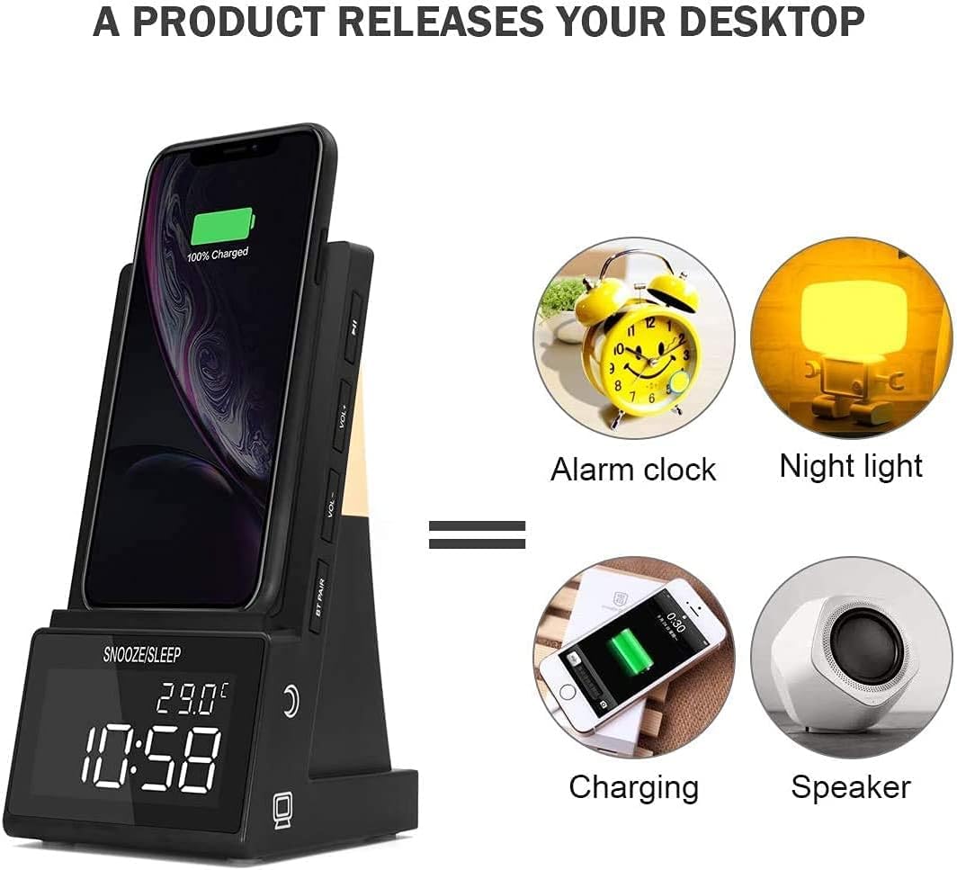Wireless Charger with Bluetooth Speaker Alarm Clock Night Light USB Fast Charging Station Compatible with iPhone 14/14 Pro/iPhone 13/13 Pro/iPhone12/12 Pro Max/iPhone11/Galaxy S23/S22/S21 etc
