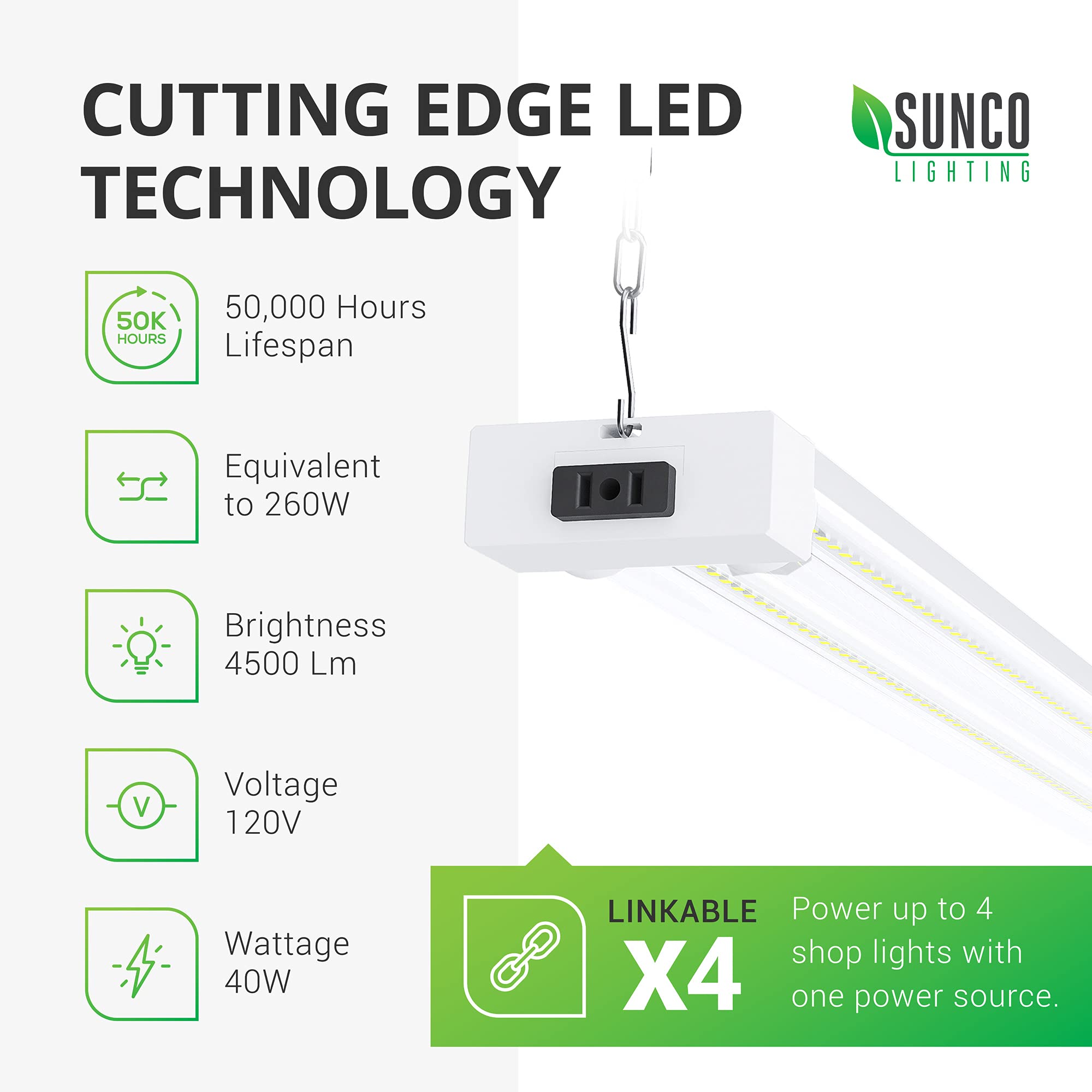 Sunco Lighting 10 Pack Shop Lights LED 4ft Plug in Linkable Garage Fixture, 4500 LM, Link Up to 4, 5FT Power Cable, Surface or Suspension Mount, 40W, 5000K Matte, White Utility 48 Inch Frosted ETL