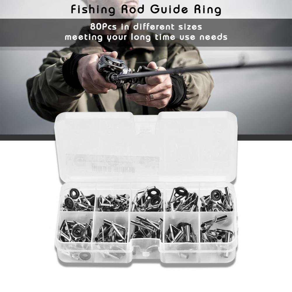 VGEBY1 Fishing Rod Guide Tips Set, 80Pcs 10Sizes Resistant Fishing Spinning Rod Guides with Storage Case Fishing Replacement Accessory