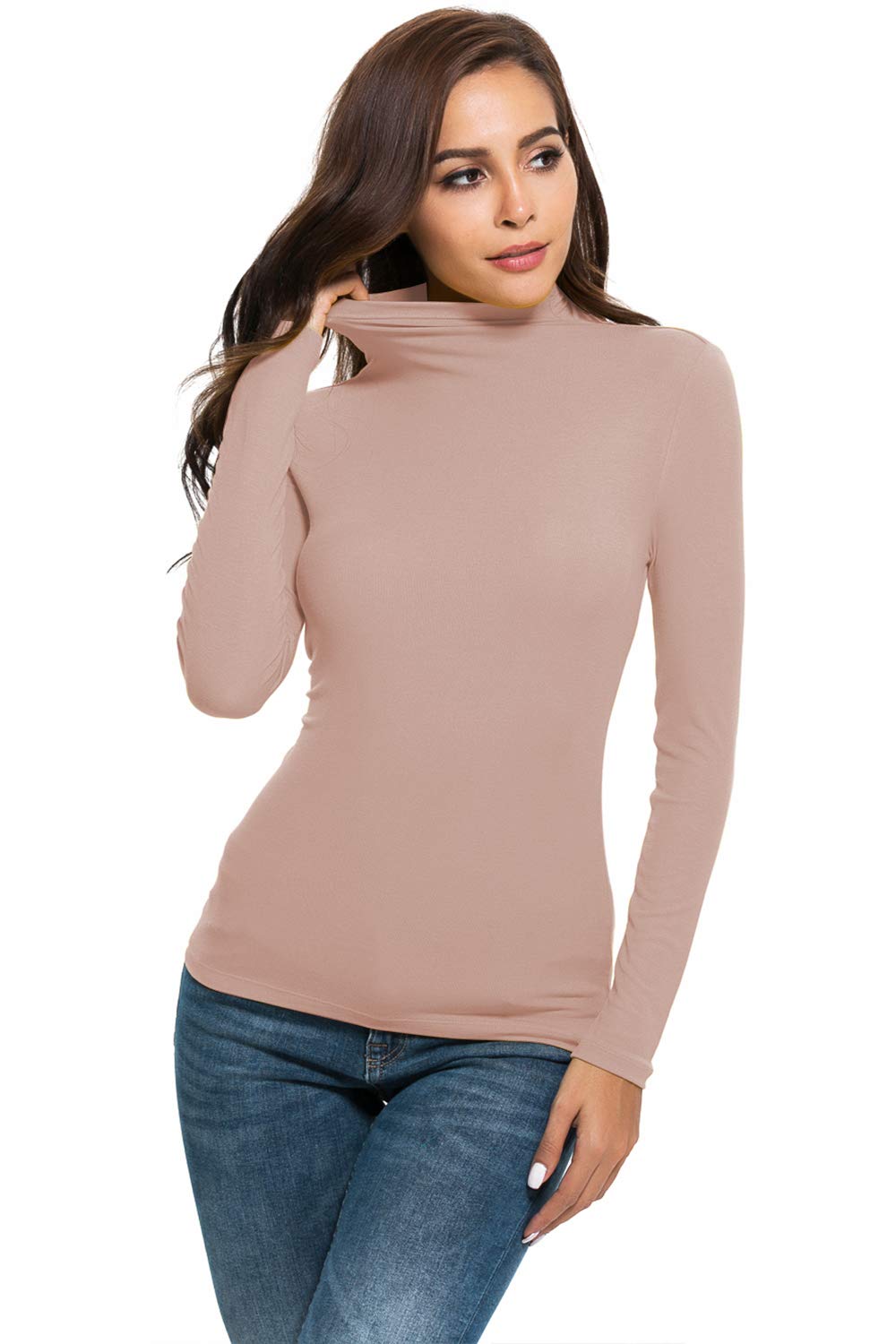 Womens Mock Turtleneck Stretch Fitted Underscrubs Layer Tee Tops (M, Light Pink)