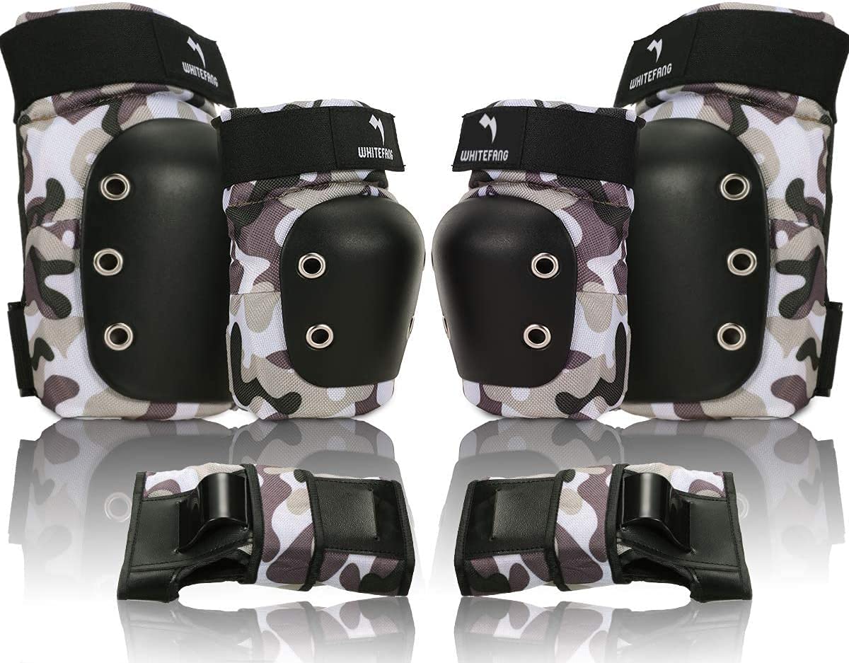 WhiteFang Knee Pads for Kids, Knee Pads and Elbow Pads with Wrist Guards 6 in 1 Protective Gear Set for Skateboarding, Rollerblading, Biking, Skating, Skiing, Scooter (Gray M)