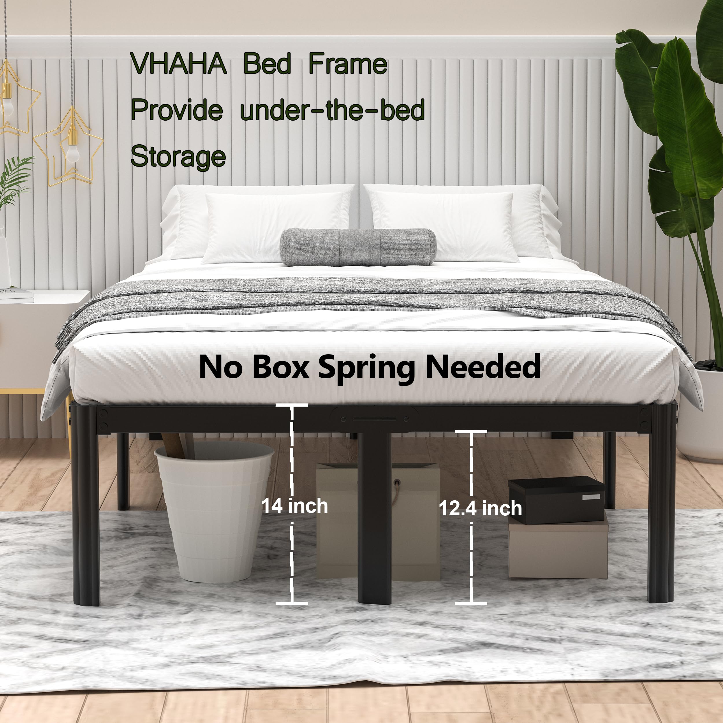VHAHA 14 Inch Metal King Size Platform Bed Frame No Box Spring Needed, Round Corner Leg, Heavy Duty Sturdy Black Bedframe, Steel Slat Support, Noise Free