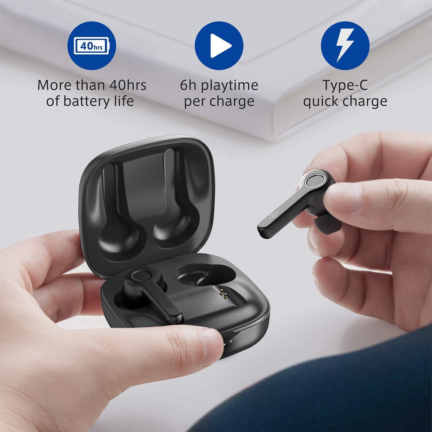 Wireless Earbuds, [Upgraded] Boltune Bluetooth V5.0 in-Ear Stereo [USB-C Quick Charge] IPX7 Waterproof Wireless Headphones 40Hours Playing Time Bluetooth Earbuds Built-in Mic Single/Twin Mode