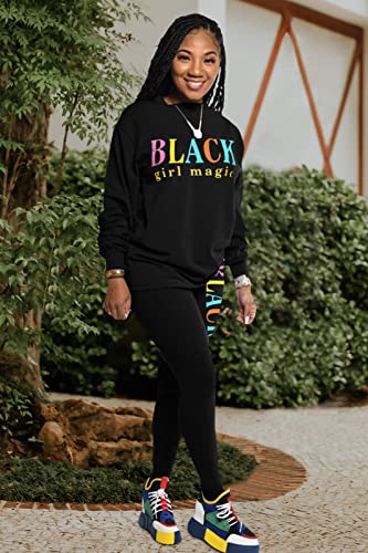 Wuitrie Women's 2 Piece Tracksuit Long Sleeve Pullover Letter Print Top and Long Pant Outfits Black L
