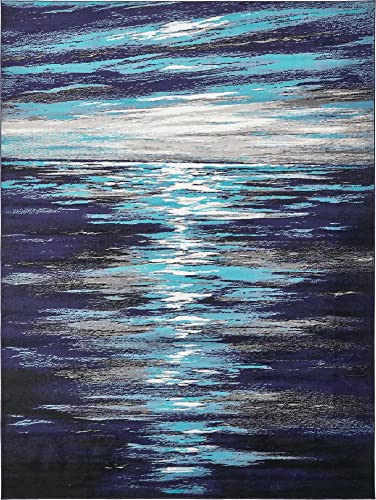 Unique Loom Metro Collection Abstract Water Modern Waves Seascape, Coastal, Nautical Area Rug, 9 ft x 12 ft, Navy Blue/Turquoise