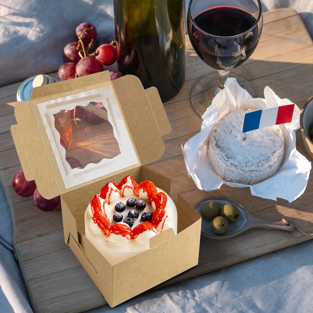 Tecmisse 50 Pack 4 x 4 x 2.5 Inches Small Bakery Boxes with Window for Small Cake Pie, Cookie Box, Mini Cake Boxes, Pastry, Dessert, Small Treat Boxes (kraft)