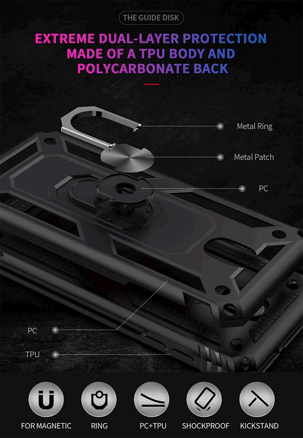 TJS Phone Case Compatible with Samsung Galaxy J2 Core/J2 2019/J2 Pure/J2 Dash/J2 Shine, Impact Resistant Metal Ring Magnetic Support Heavy Duty (Black)