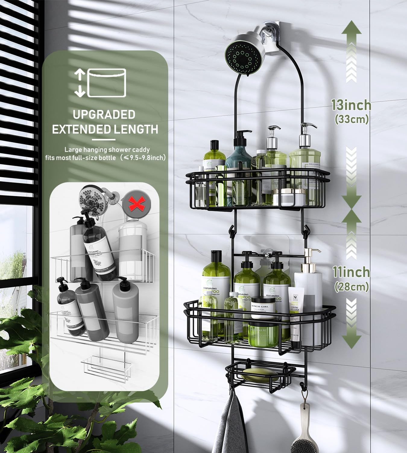 WXCGX Hanging Shower Caddy Over Shower Head Organizer: Stainless Rustproof Bathroom Shower Storage Rack Basket with Soap Holder, Hooks - Large Capacity Shower Shelf for Shampoo, Conditioner, Body Wash