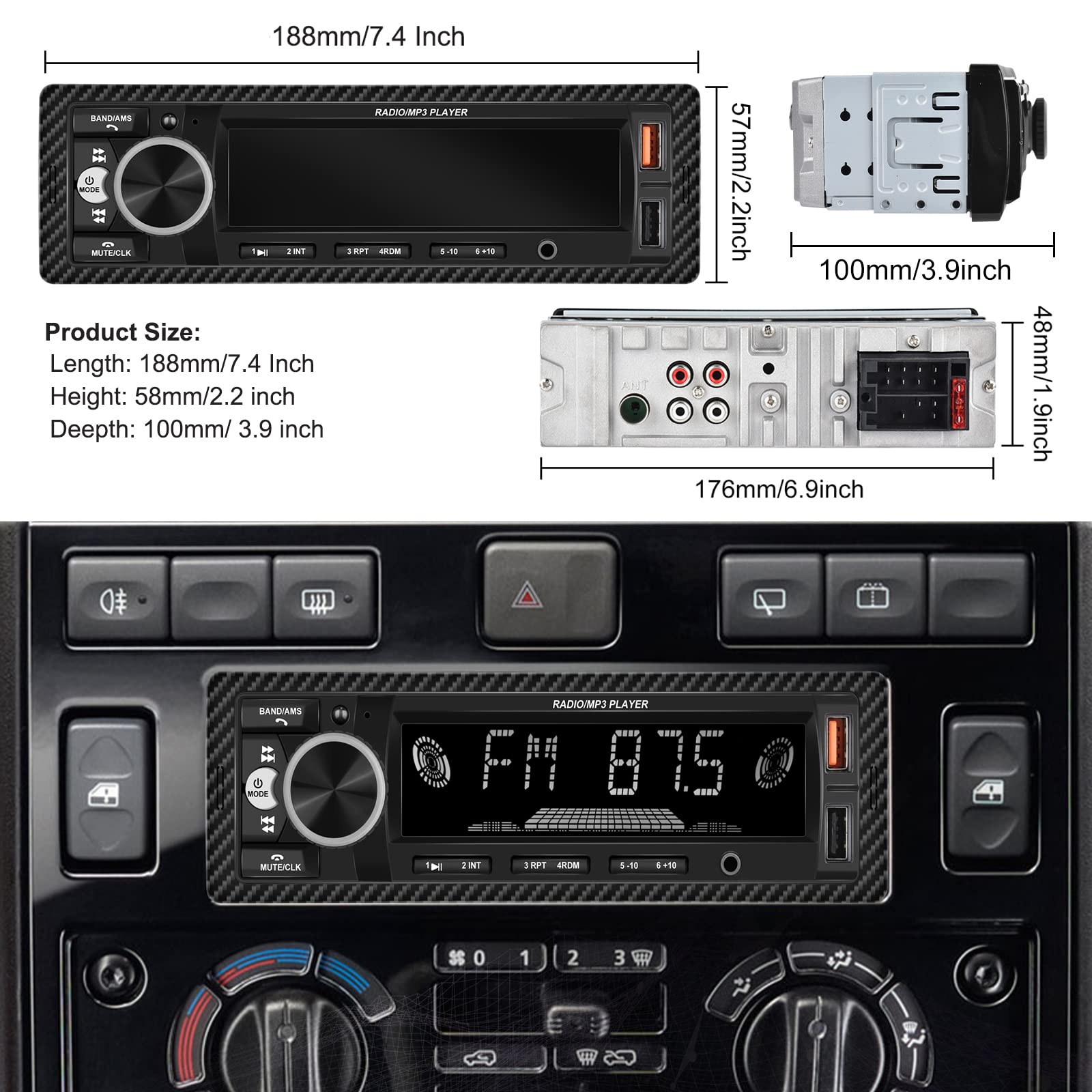 UNITOPSCI Single Din Bluetooth Multimedia Car Stereo Radio Bluetooth Hands-Free Calling Audio Receiver FM Radio Car MP3 Player AUX in/Dual USB Port Digital Media, Fast Charging with Remote Control