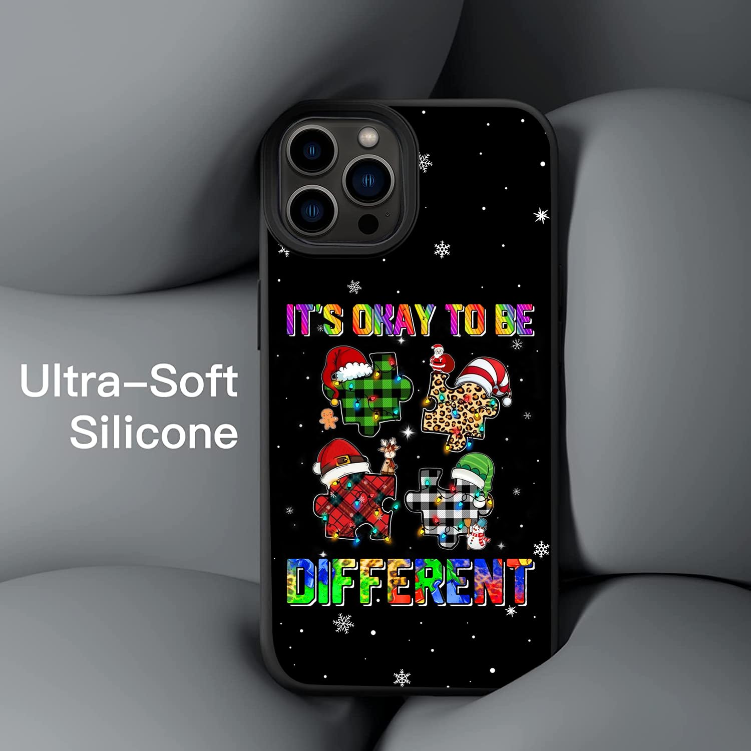 to Be Different Christmas Autism Awareness Puzzles Phone Case Compatible with iPhone 15 14 13 12 11 Pro Max|Samsung Galaxy S23 S22 S21 S20 FE|A14 A54 A53 A03S A13|Note 20 10|Z FLIP 3/4/5 Black