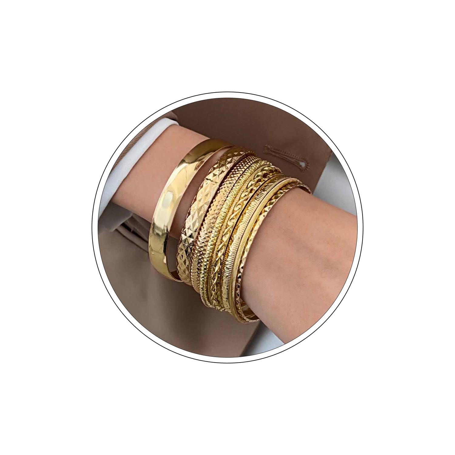 Zeshimb Gold Bangle Bracelet Set for Women Multi Stacking Wide Bangles Indian Bollywood Chunky Bangle Bracelets Ethnic Glossy Textured Bracelets Wedding Outfit Jewelry (10Pcs)