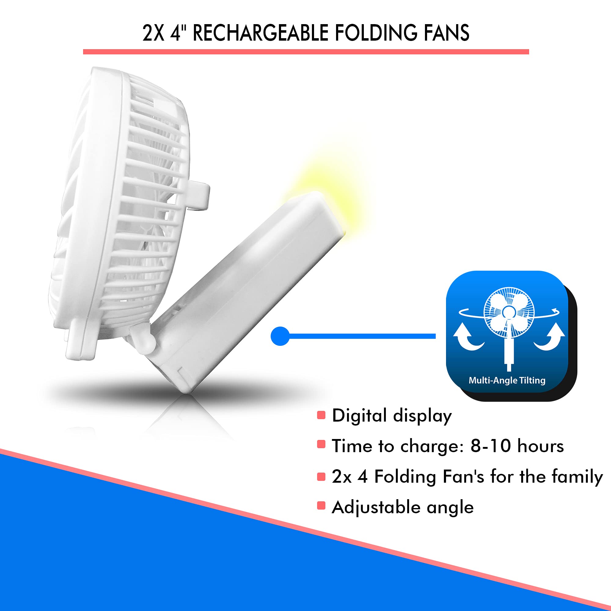 Technical Pro 3-in-1 Portable Rechargeable 8" Camping Fan Bundle with Radio Speaker and LED Work Lamp, USB SD ports, 2 Rechargeable Folding Fans Included