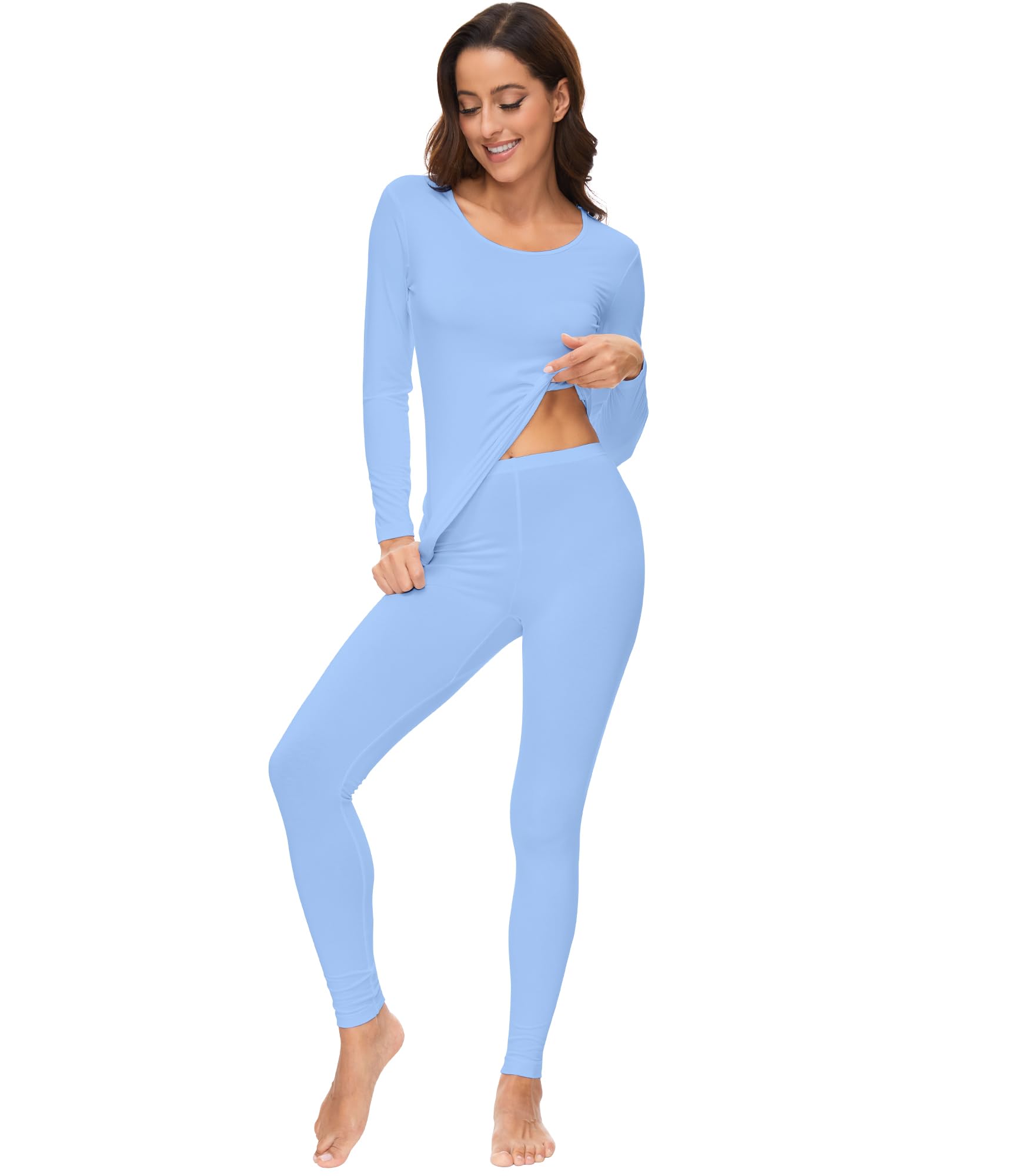 WiWi Soft Viscose from Bamboo Underwear for Women Thermal Long Johns Sets Super Warm Base Layer Top Pants Pajamas Set S-3X, Sky Blue, Medium