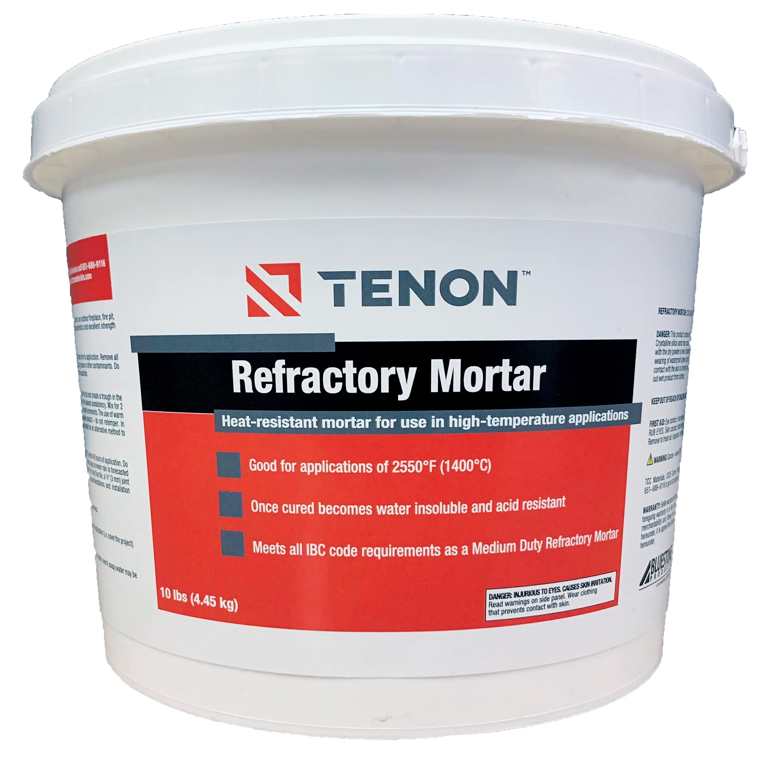 Tenon Refractory Mortar - High Temperature Mix for Fireplaces, Fire Pits, Chimneys, Parging, Brick, Clay, and More, White in Color, High Heat Resistance, Up to 2550°F (10 Pound, 1)