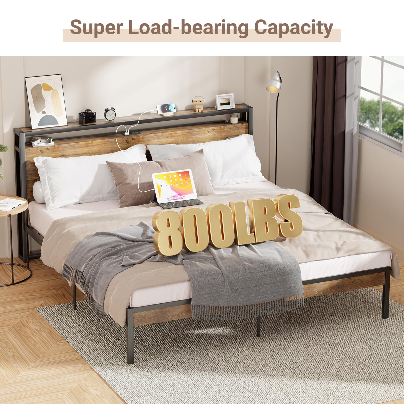 Zevemomo King Bed Frame, King Size Metal Platform Bed Frame with 2-Tier Storage Wood Headboard and Power Outlets, USB Ports Charging Station/No Box Spring Needed/Noise-Free/Easy Assembly/Brown