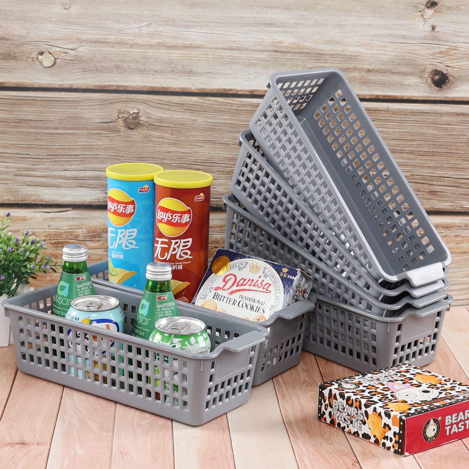 Yuright 12 Pack Narrow Baskets for Storage, Grey Small Plastic Storage Baskets