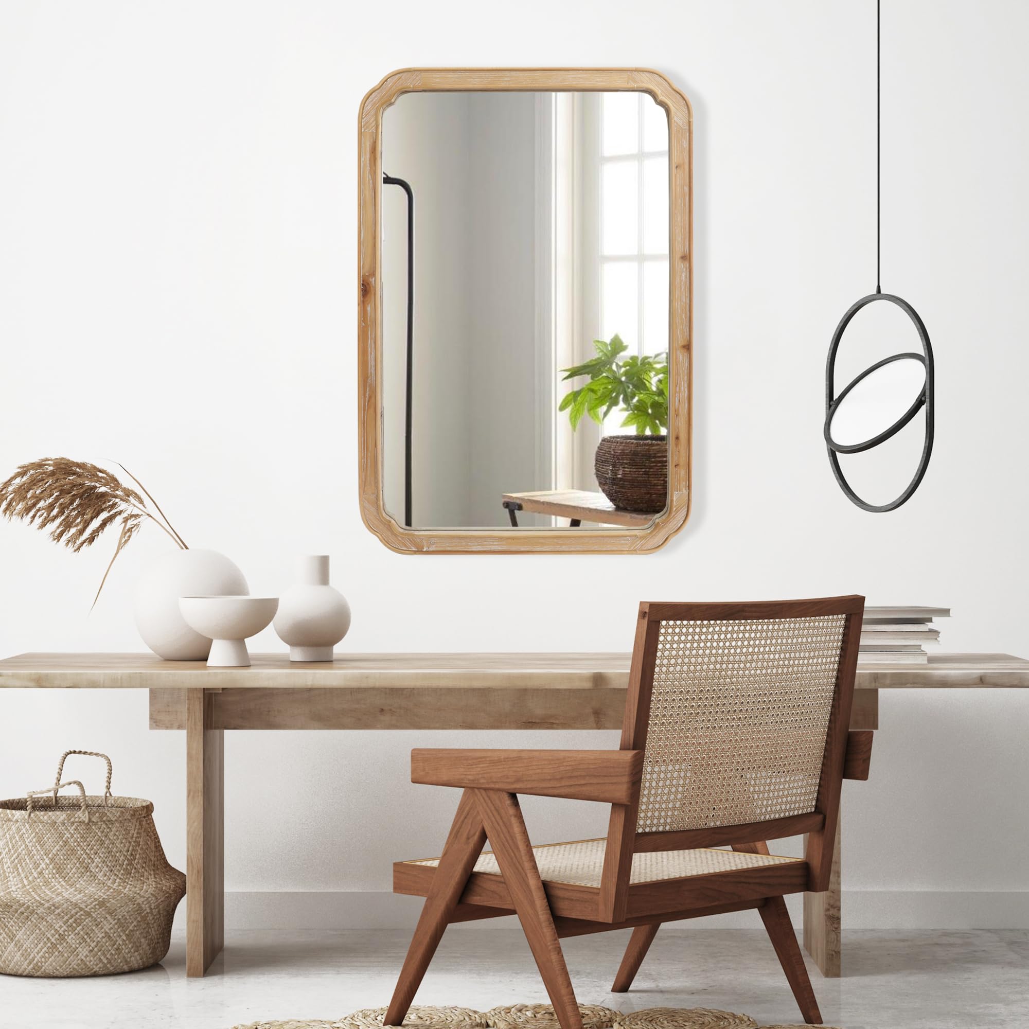 Wood Farmhouse Mirror, 24" x 36" Wall Mounted Ractangle Rustic Mirror for Foyer, Living Room, Bedroom, Bathroom