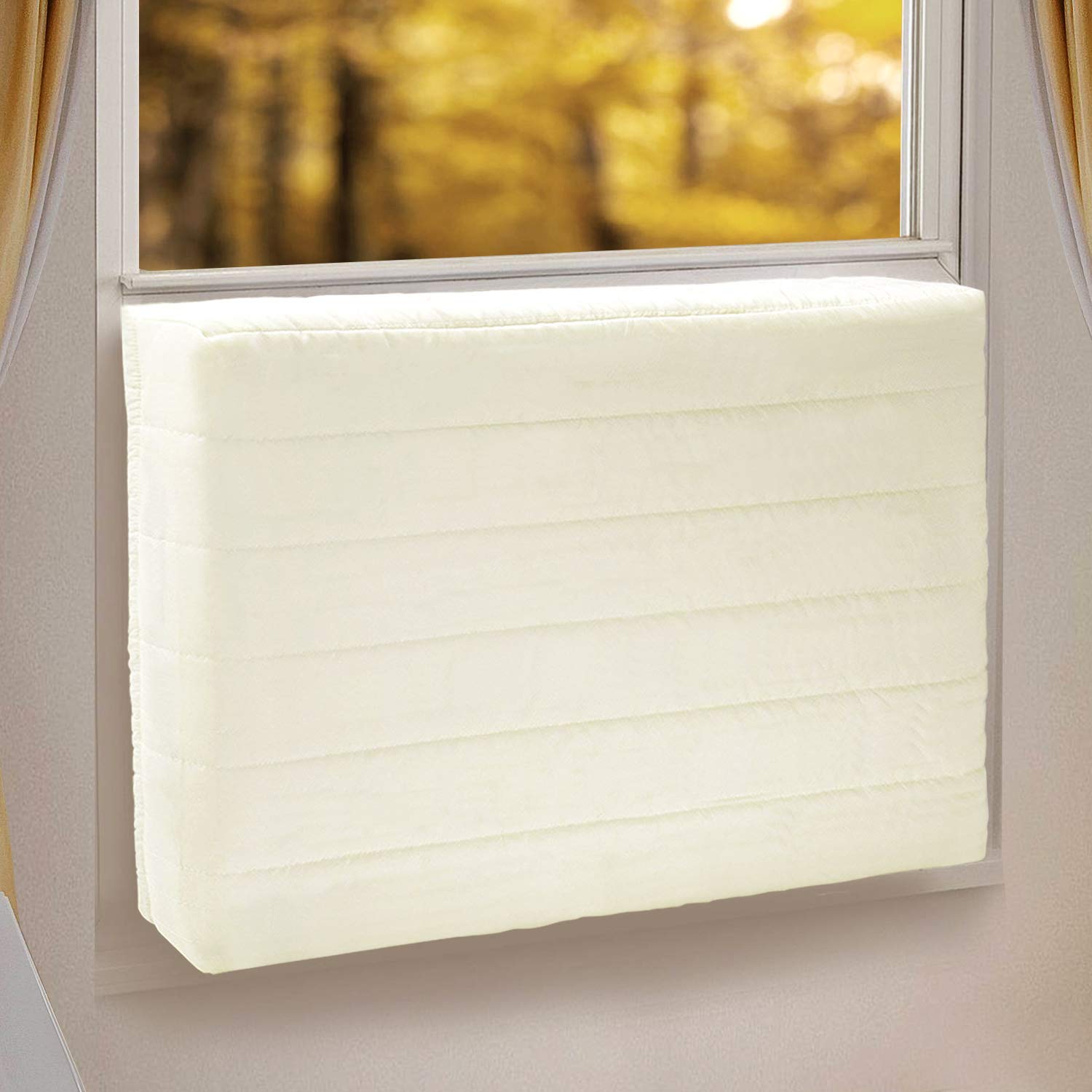 TAKTOPEAK Indoor Air Conditioner Cover for Window Units, Window AC Unit Cover for Inside, Double Insulation with Elastic Strap, Large Beige 28 x 20 x 3 inches (L x H x D)